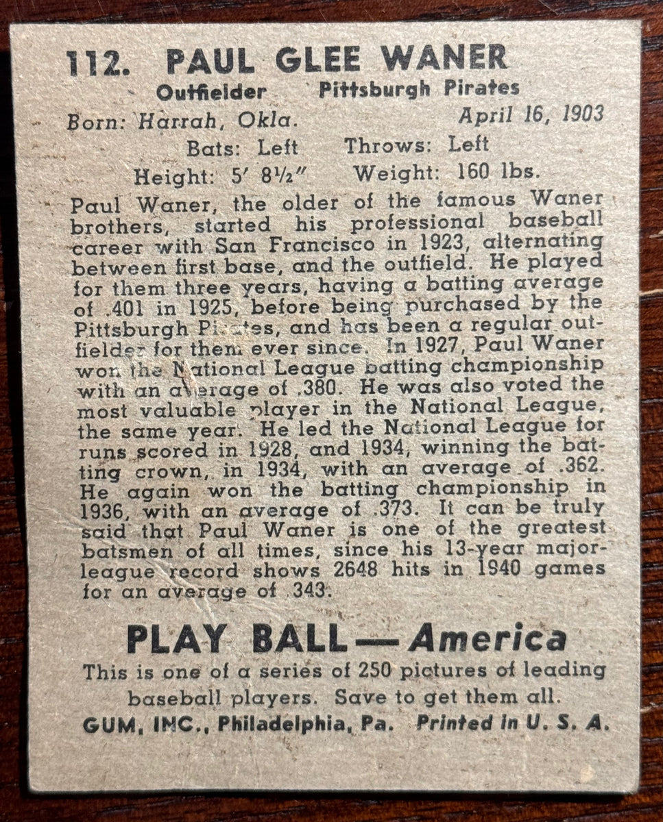 1939 Play Ball Paul Waner #112 Pirates HOF - Poor, Low Grade – All ...